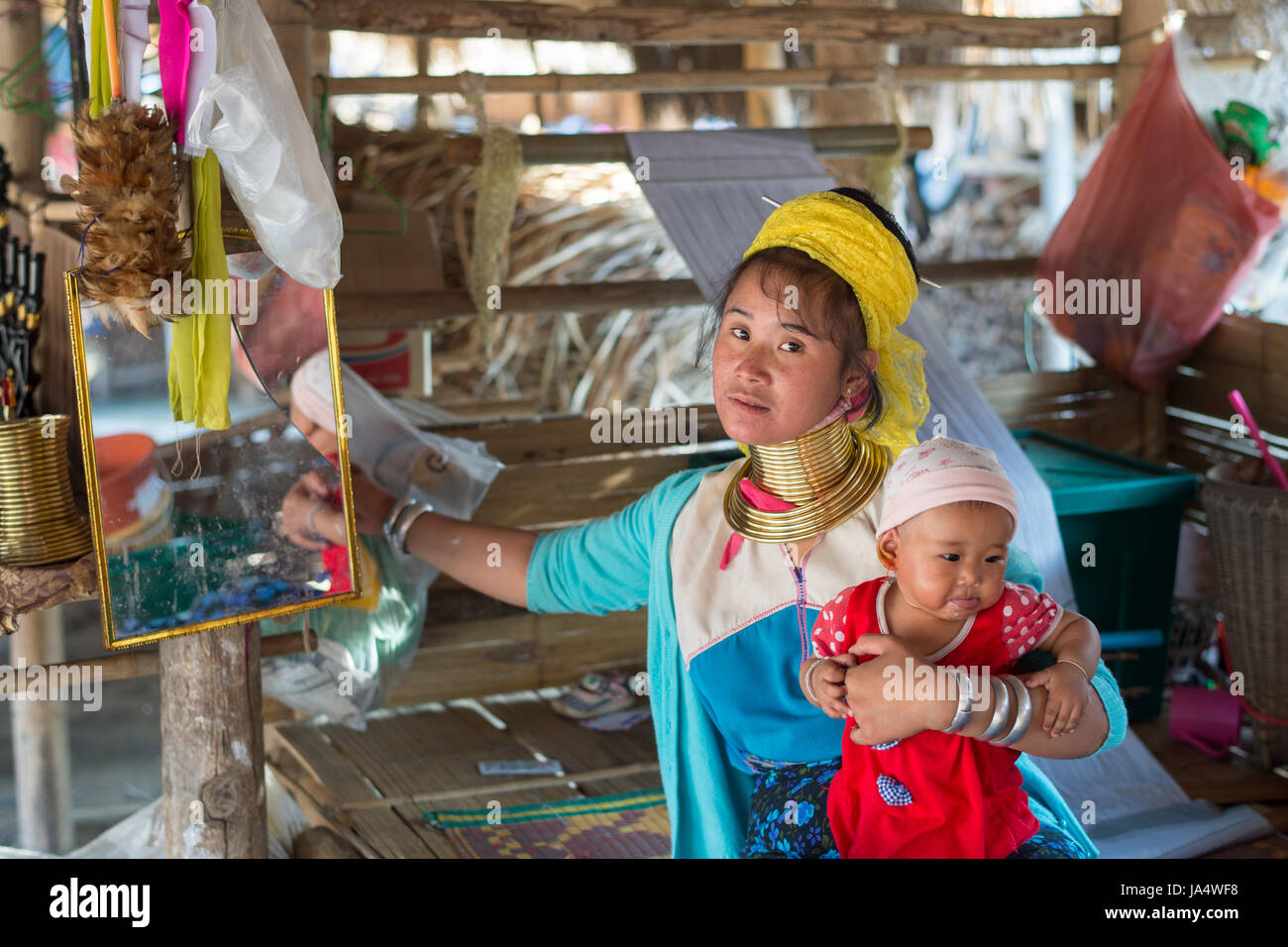 Karen long neck people in a village between Chiang Rai and Chiang Mai ...