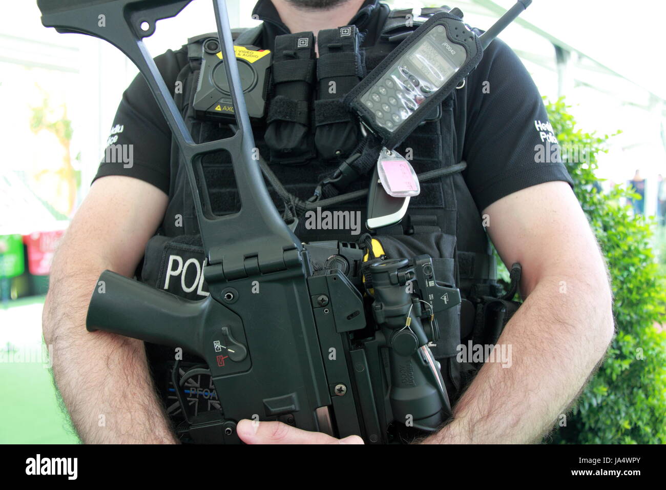 Armed police at Hay Festival 2017, Hay-on-Wye, Brecknockshire, Powys ...