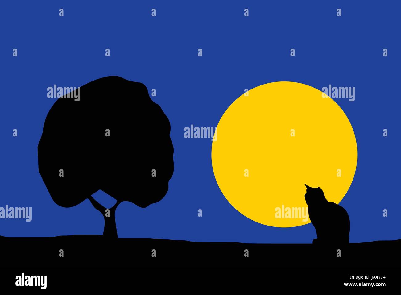nature illustration - night moon cat silhouette and tree Stock Vector ...