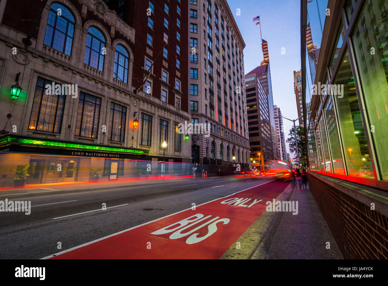 Baltimore Street at night, in downtown Baltimore, Maryland Stock Photo ...