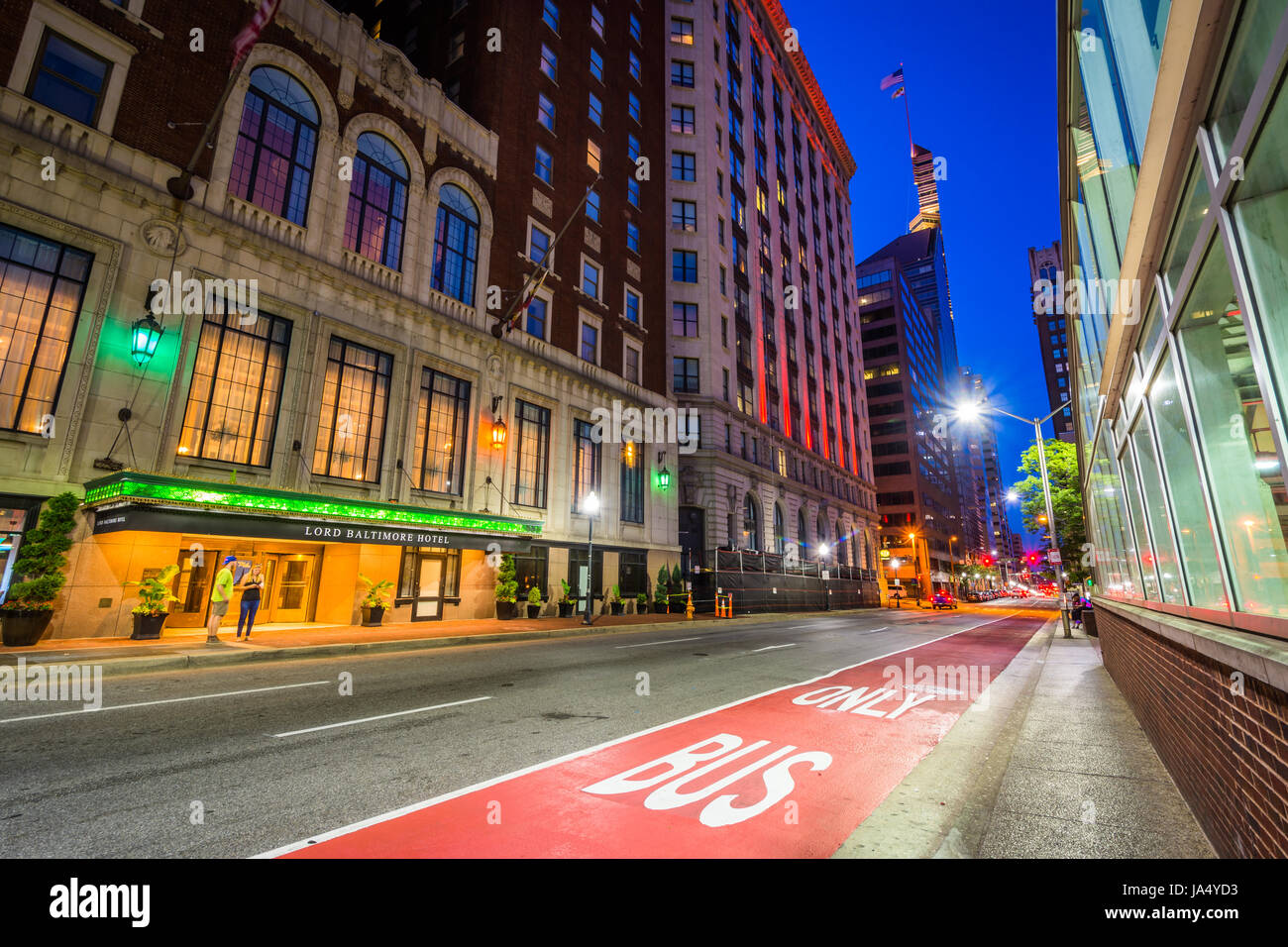 Baltimore Street at night, in downtown Baltimore, Maryland Stock Photo ...