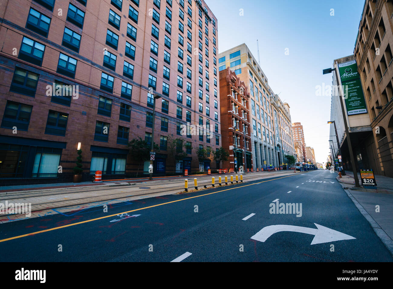 Buildings and Light Rail track along Howard Street, in downtown ...