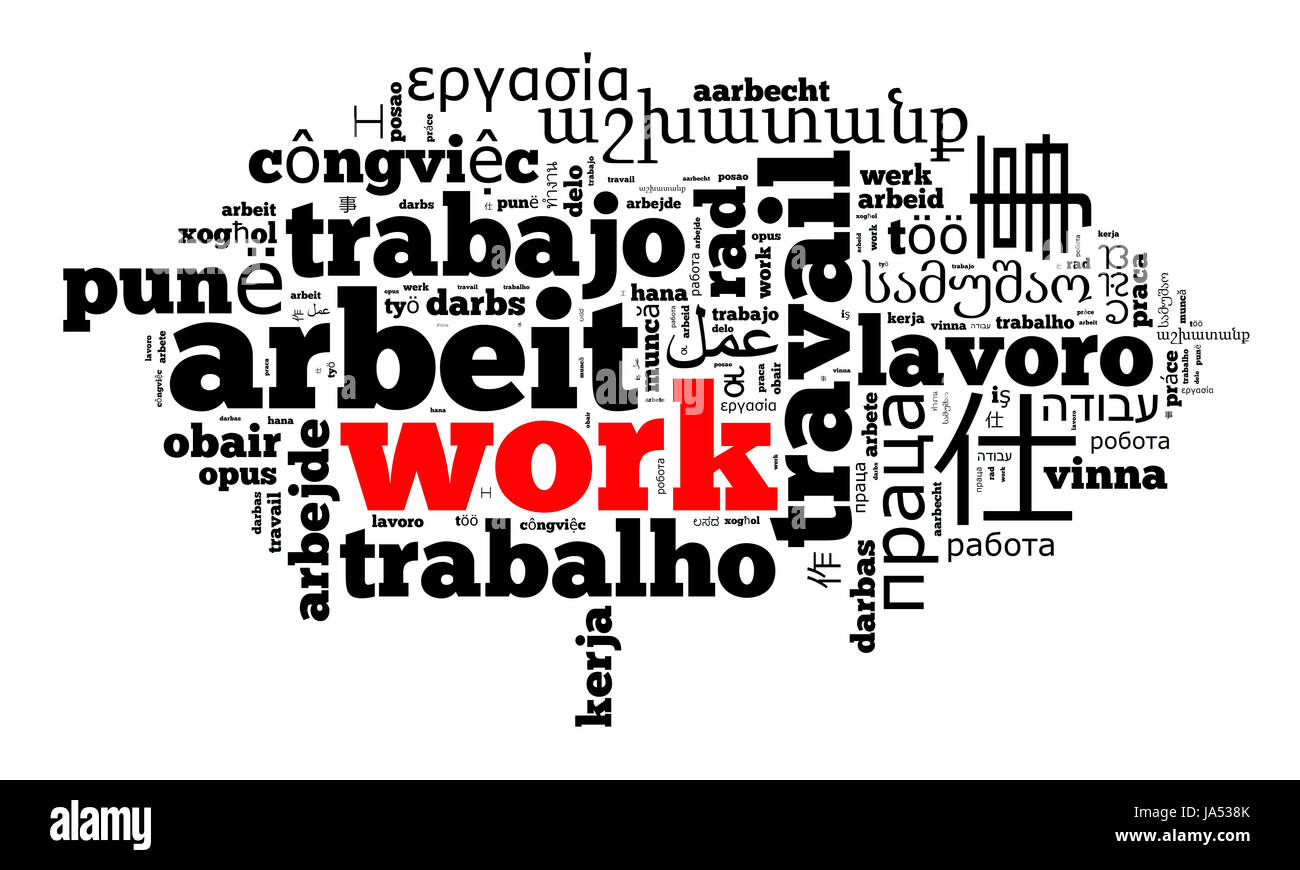 Work in different languages word cloud concept Stock Photo - Alamy