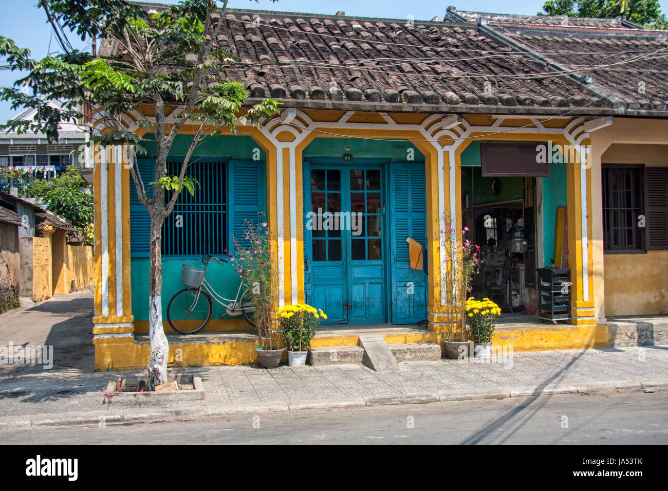 blue, house, building, typical, style of construction, architecture ...