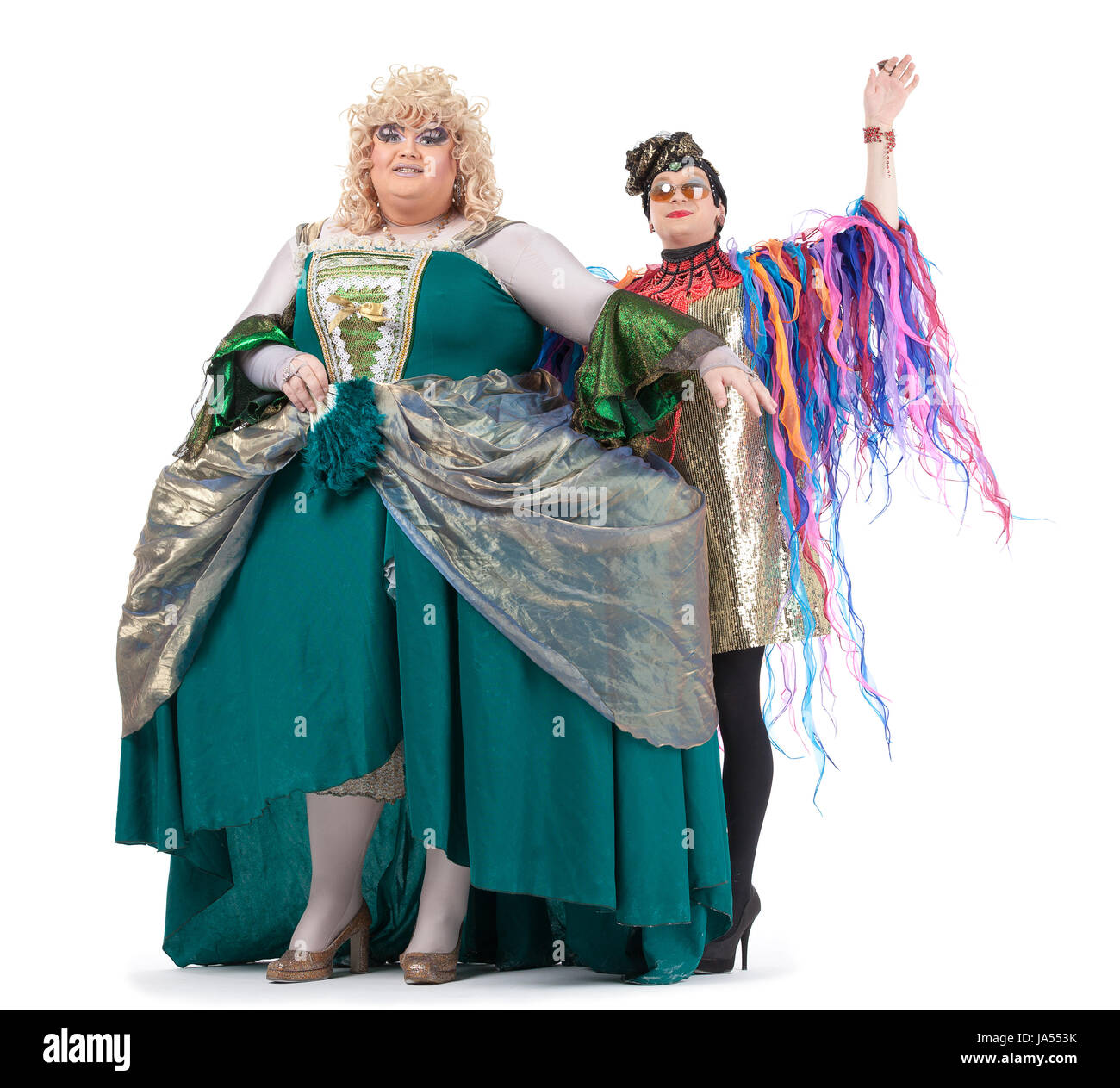 Two drag queens having fun performing together, on white Stock Photo ...