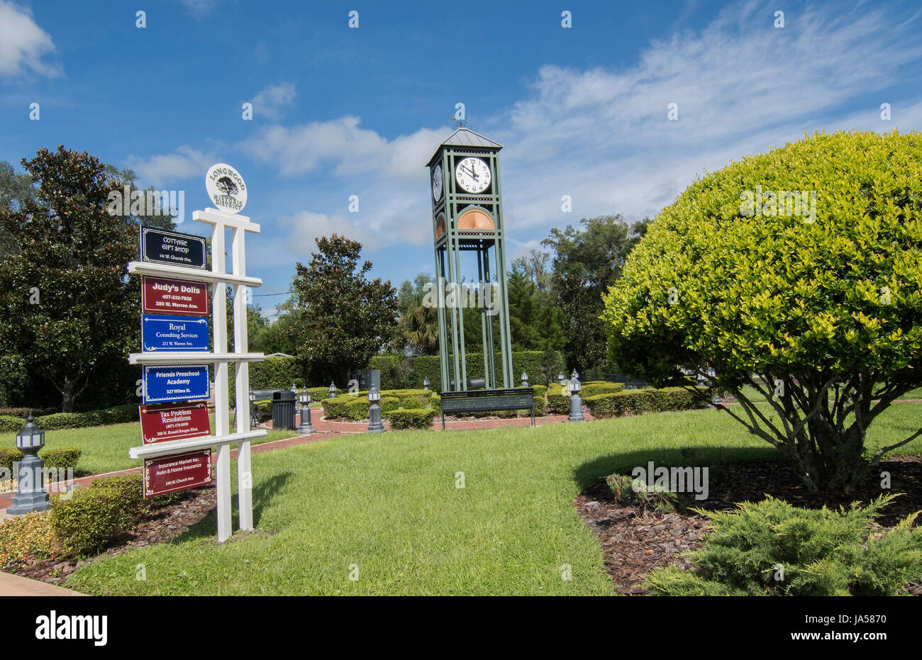 Longwood Florida 1878 clock tower and signage in downtown small town ...