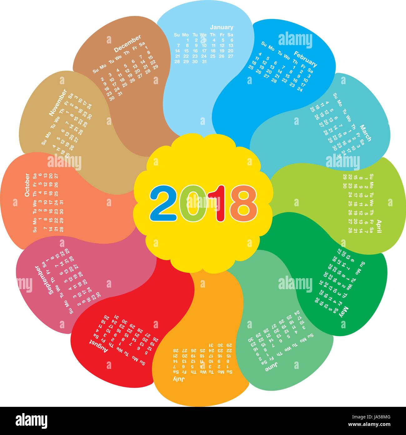 colorful calendar for 2018. flower design, each month in a petal. Week ...