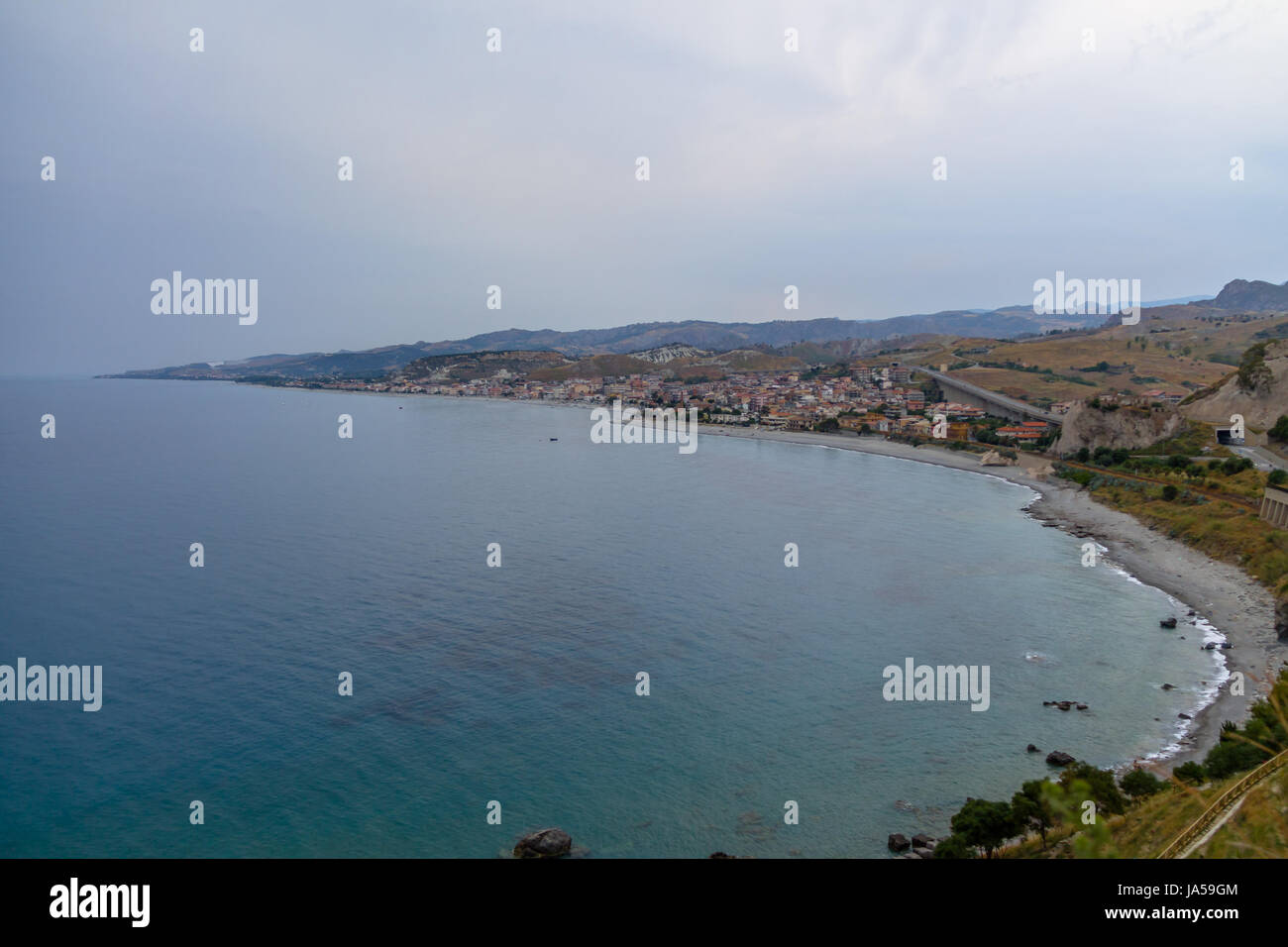 Aerial view of Bova Marina Town, a Mediterranean beach of Ionian Sea ...