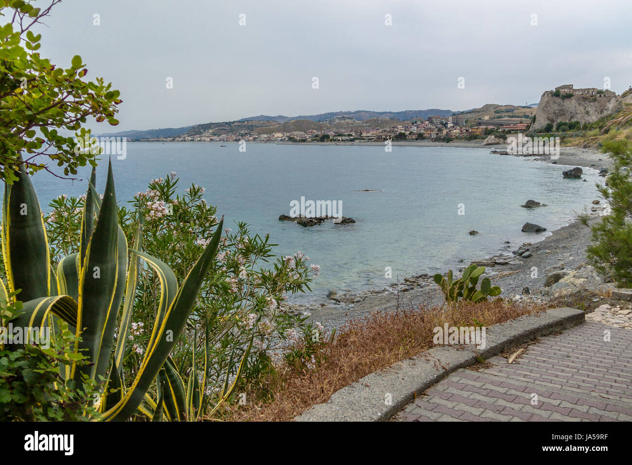 Aerial view of Bova Marina Town, a Mediterranean beach of Ionian Sea ...