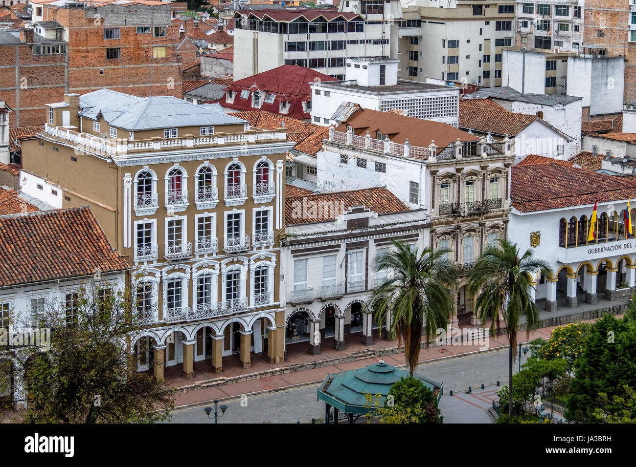 Aerial view of buildings near Park Calderon - Cuenca, Ecuador Stock ...