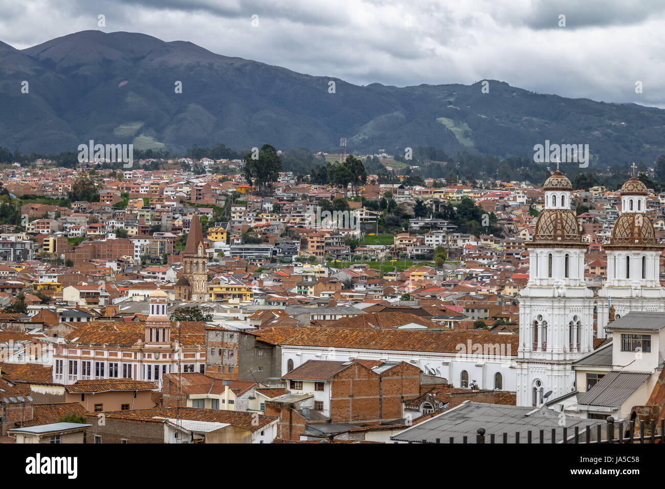 Aerial view of Cuenca city with Santo Domingo Church - Cuenca, Ecuador ...