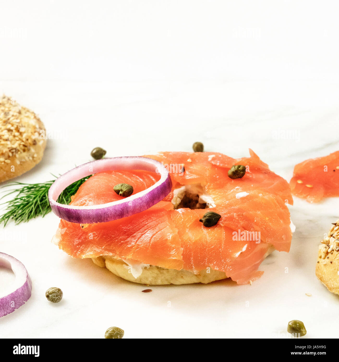 Bagel ingredients. Lox, purple onions, capers, dill, and the buns, shot ...