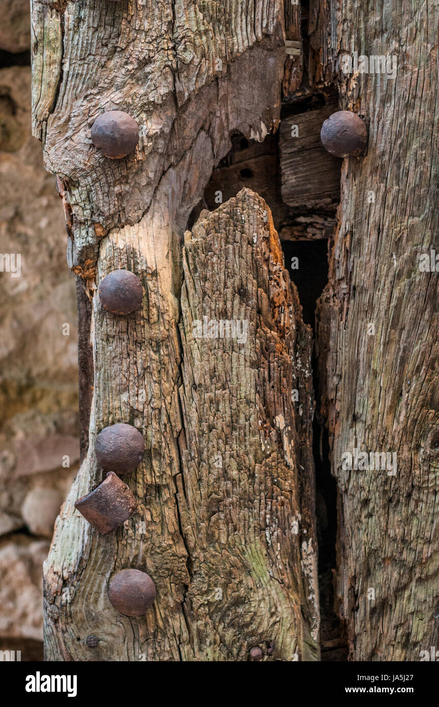 Part of old wooden door with rusty iron nails Stock Photo - Alamy