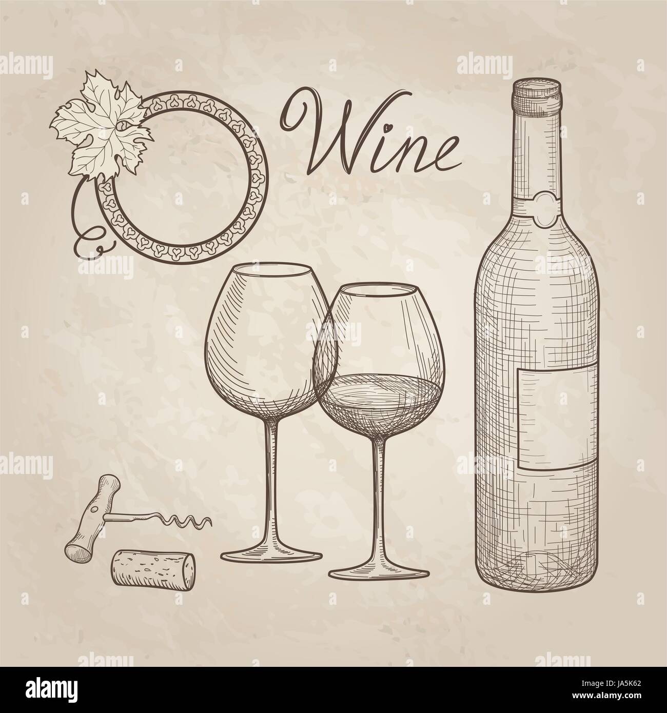 Wine set. Wine glass, bottle, grape, lettering. Cafe menu. Wine card ...