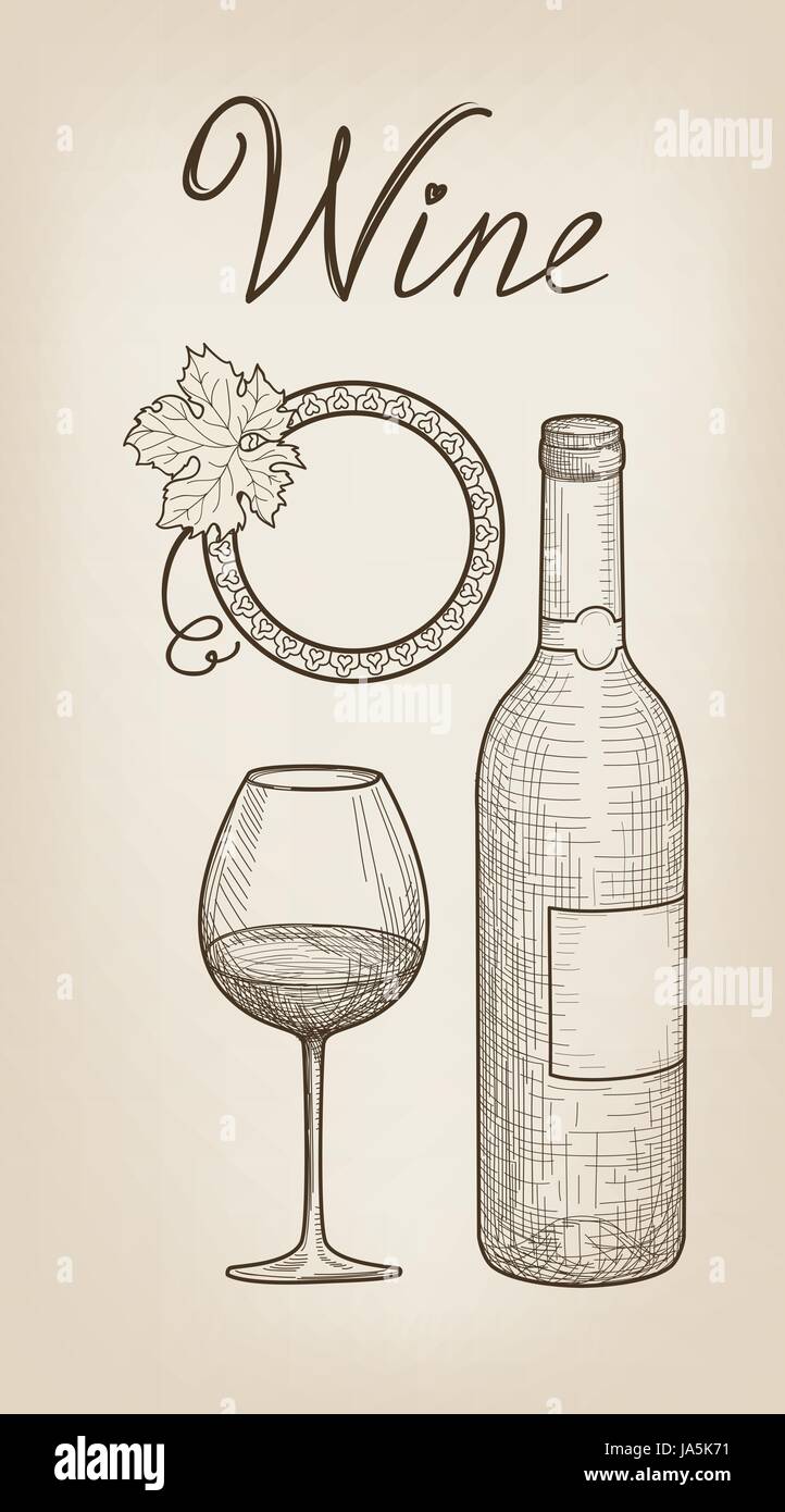 Wine set. Wine glass, bottle, lettering. Cafe menu. Wine card sketch ...