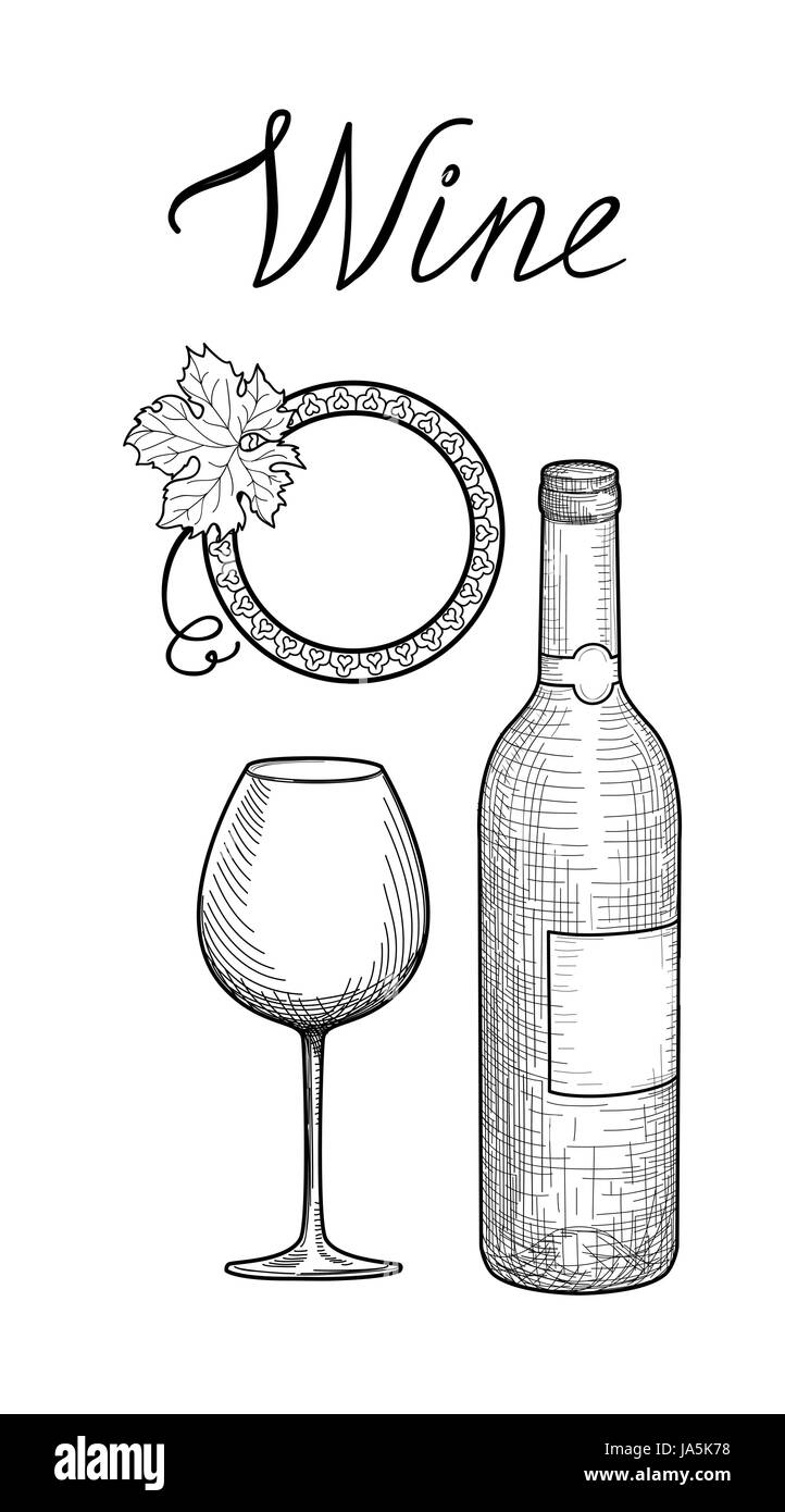 Wine set. Wine glass, bottle, lettering. Cafe menu. Wine card sketch ...