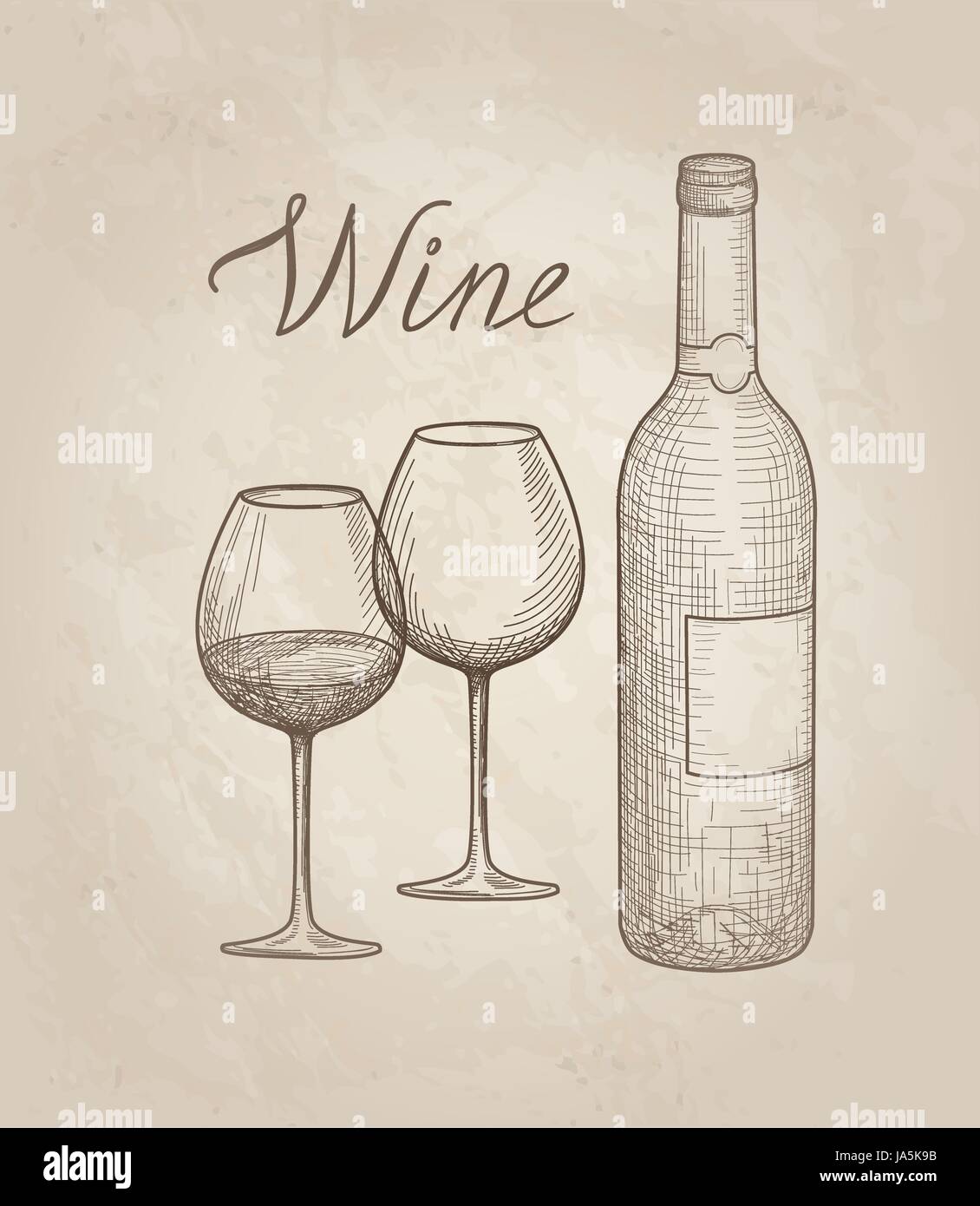 Wine set. Wine glass, bottle, handwritten lettering. Vineyard sketch ...