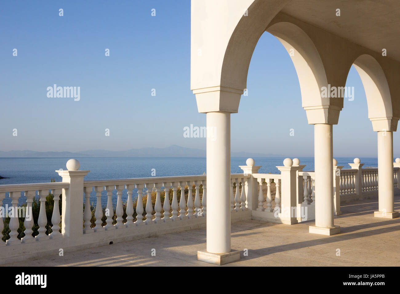 blue, columns, greece, terrace, balcony, porch, veranda, blue, religion ...