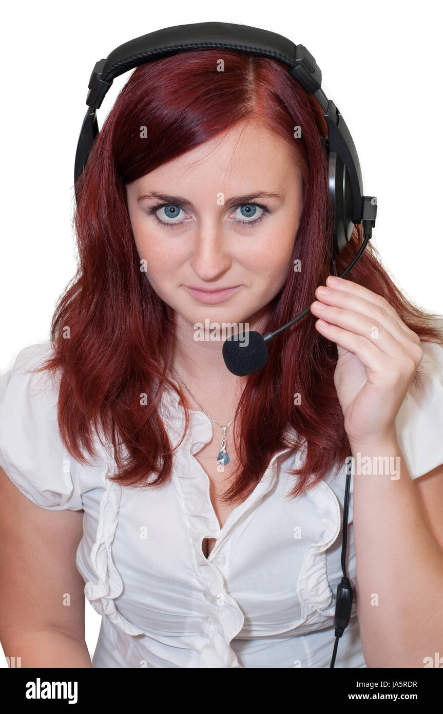 portrait of happy smiling cheerful support phone operator in headset,isolated on white ...