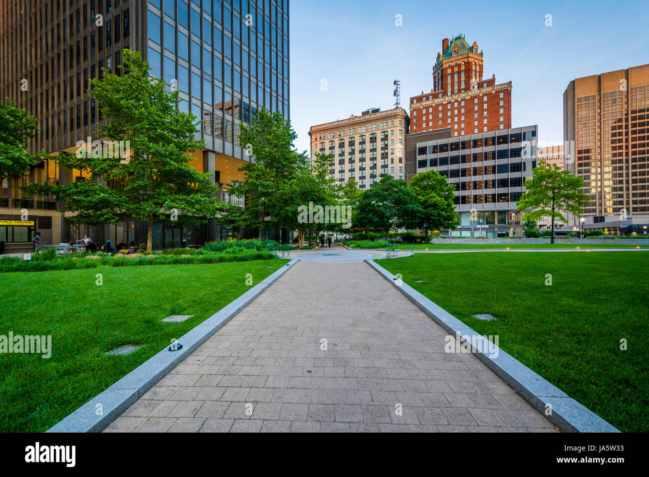Walkway and buildings at Center Plaza, in downtown Baltimore, Maryland ...