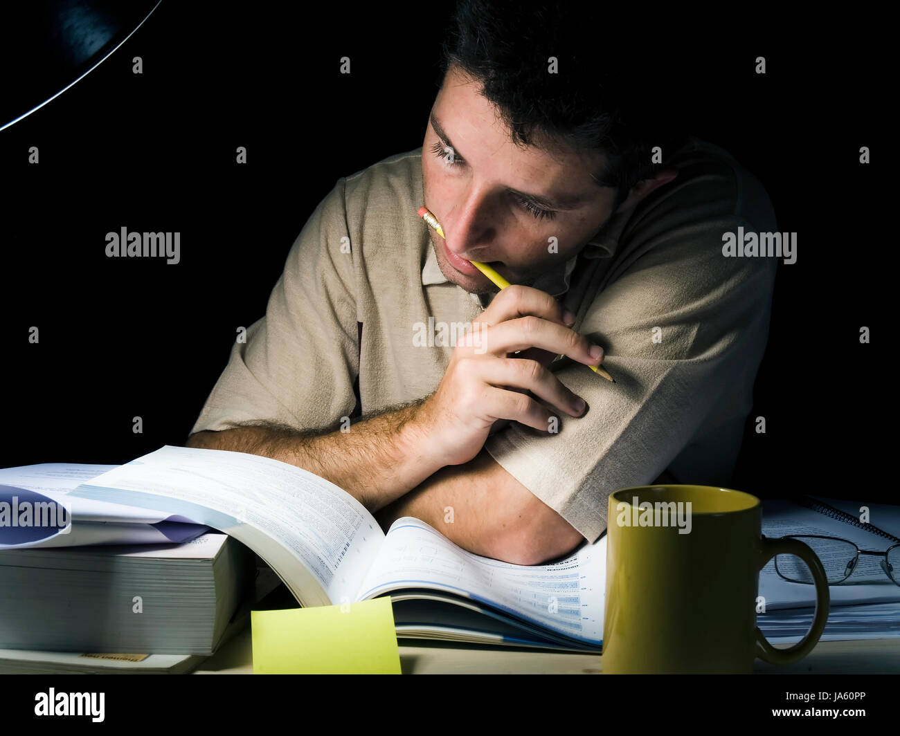 study, cup, desk, education, night, nighttime, male, masculine ...