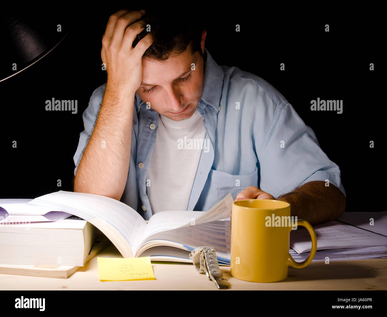 study, cup, desk, education, night, nighttime, male, masculine ...