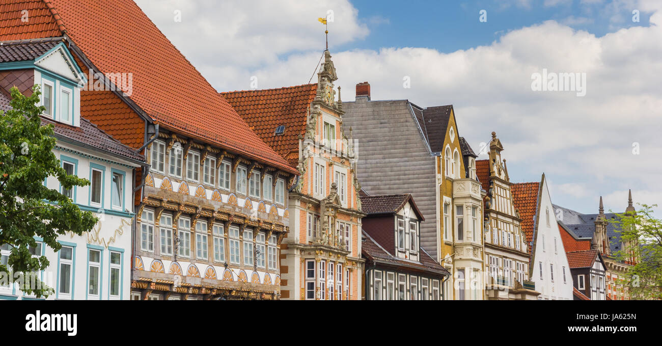 Panorama of colorful historic facades in the center of Hameln, Germany ...