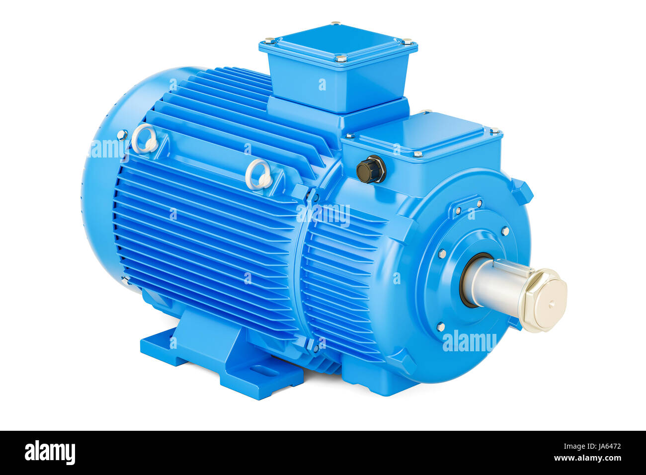 Blue industrial electric motor, 3D rendering isolated on white ...