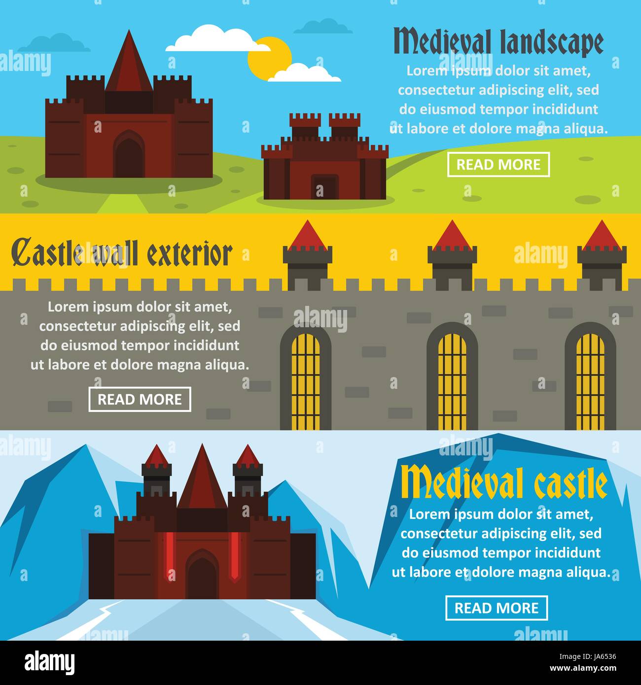 Medieval castle banner horizontal set, flat style Stock Vector Image ...