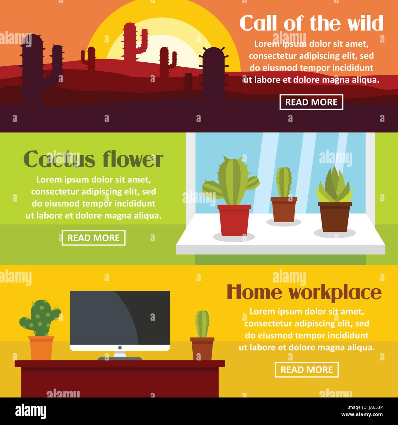 Cactus space banner horizontal set, flat style Stock Vector Image & Art ...