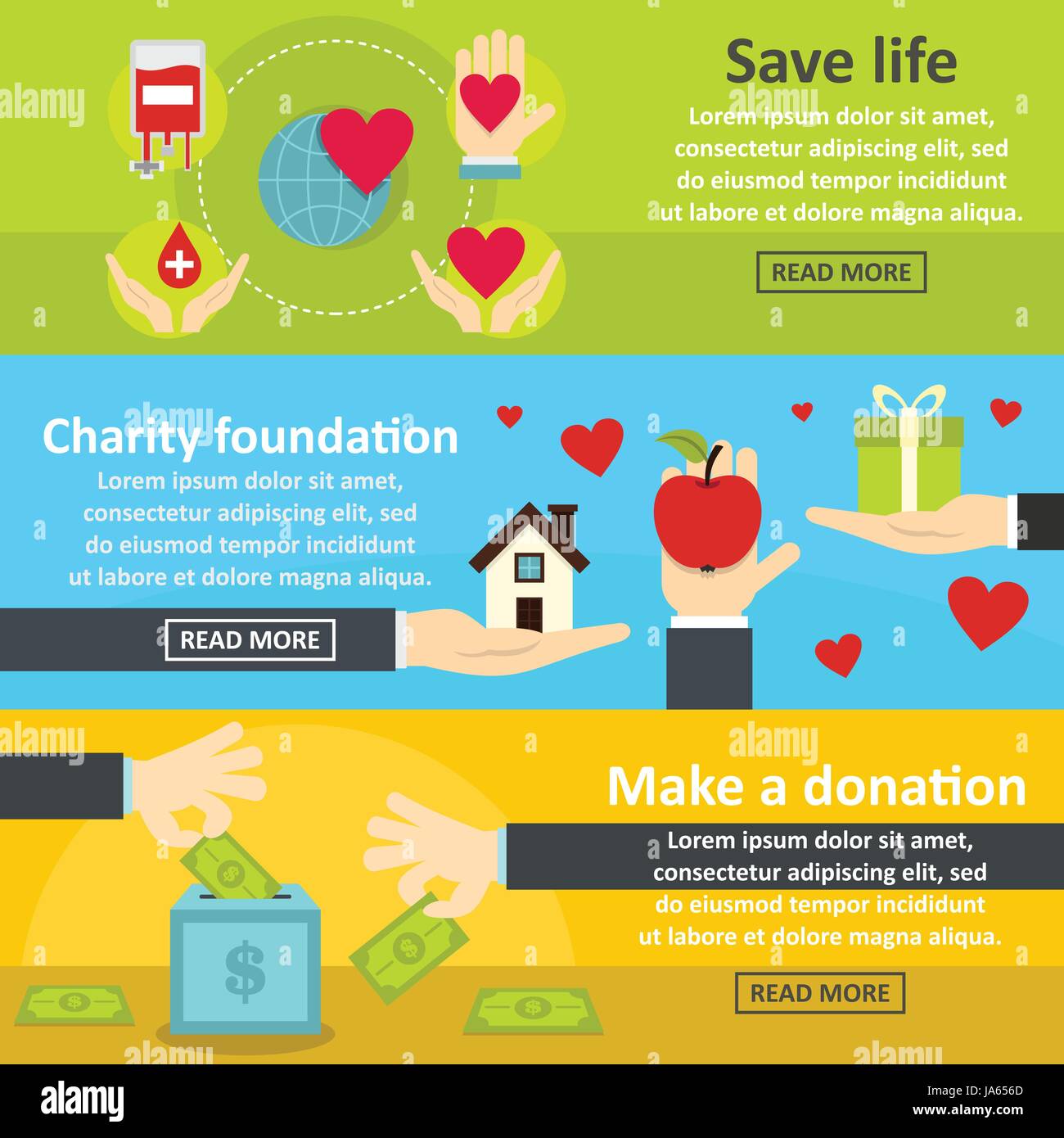 Charity donation banner horizontal set, flat style Stock Vector Image ...