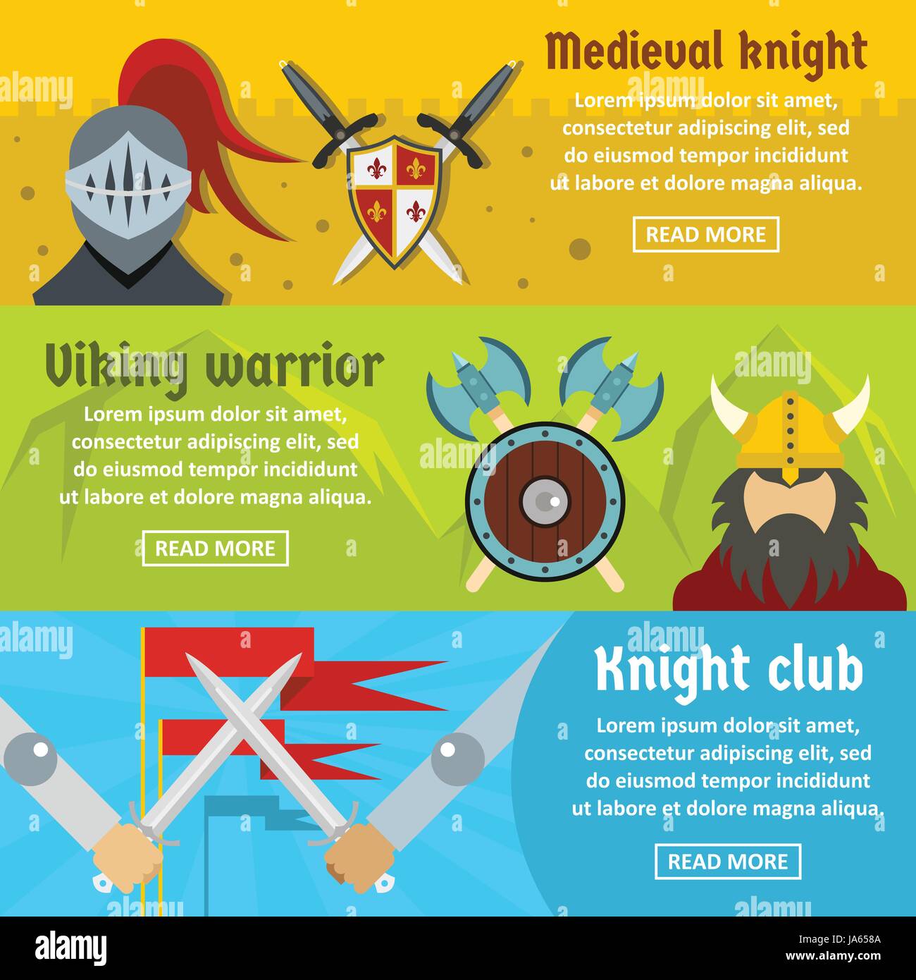 Medieval knight banner horizontal set, flat style Stock Vector Image ...