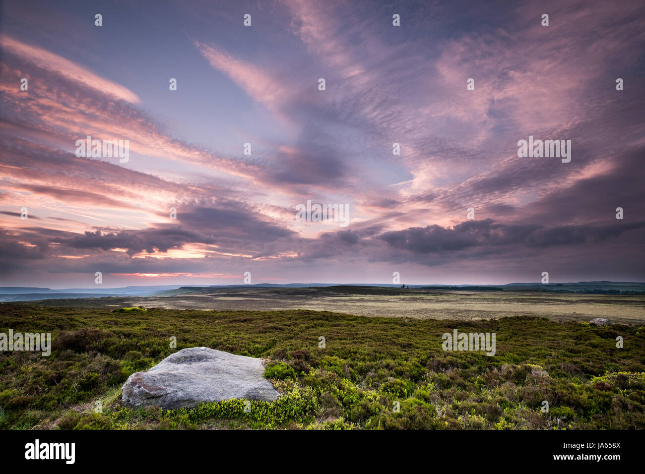 Sunset over heather on White Path Moss, Stanage Edge, Peak District, UK ...