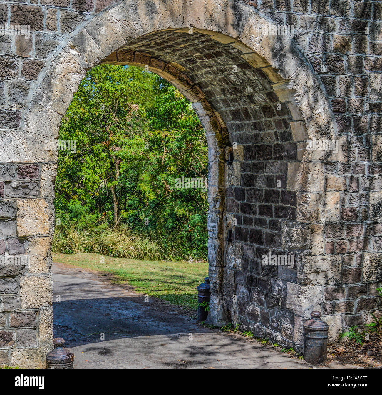 very thick stone wall to enter Fort Brimstone, St-Kitts Stock Photo - Alamy