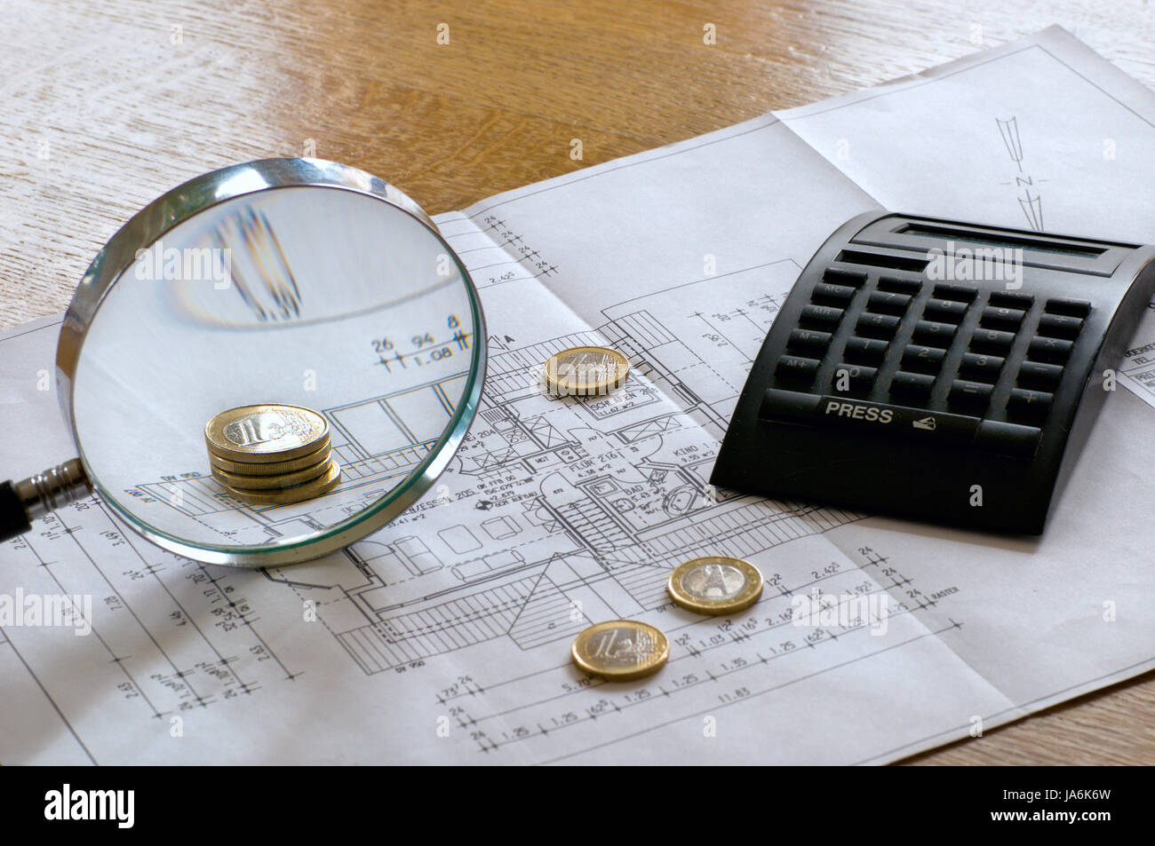 euro, magnifier, pocket calculator, symbolism, construction plan ...