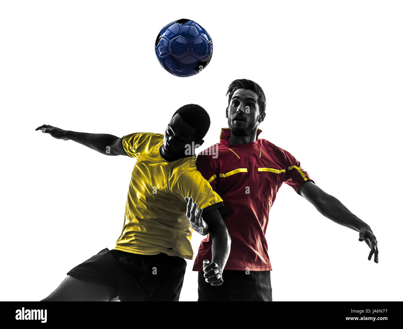 two men soccer player playing football competition fighting for a ball ...