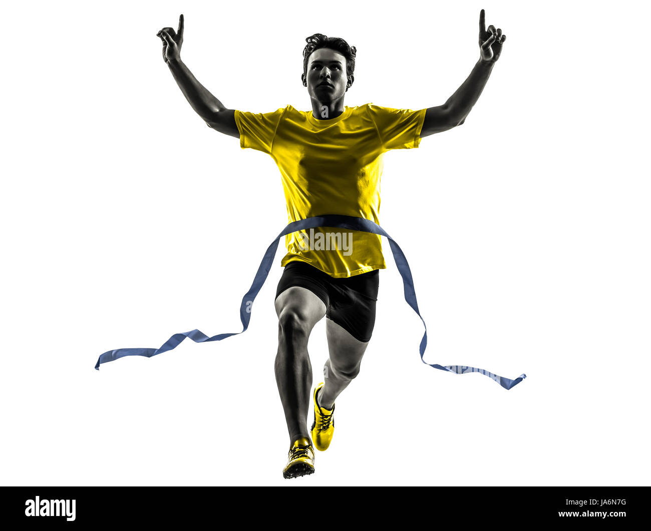 one caucasian man young sprinter runner running winner at finish line ...