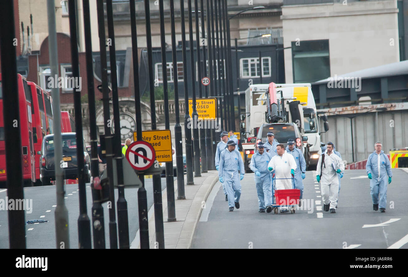 London, UK. 4th June, 2017. The white van used in the attack is loaded ...