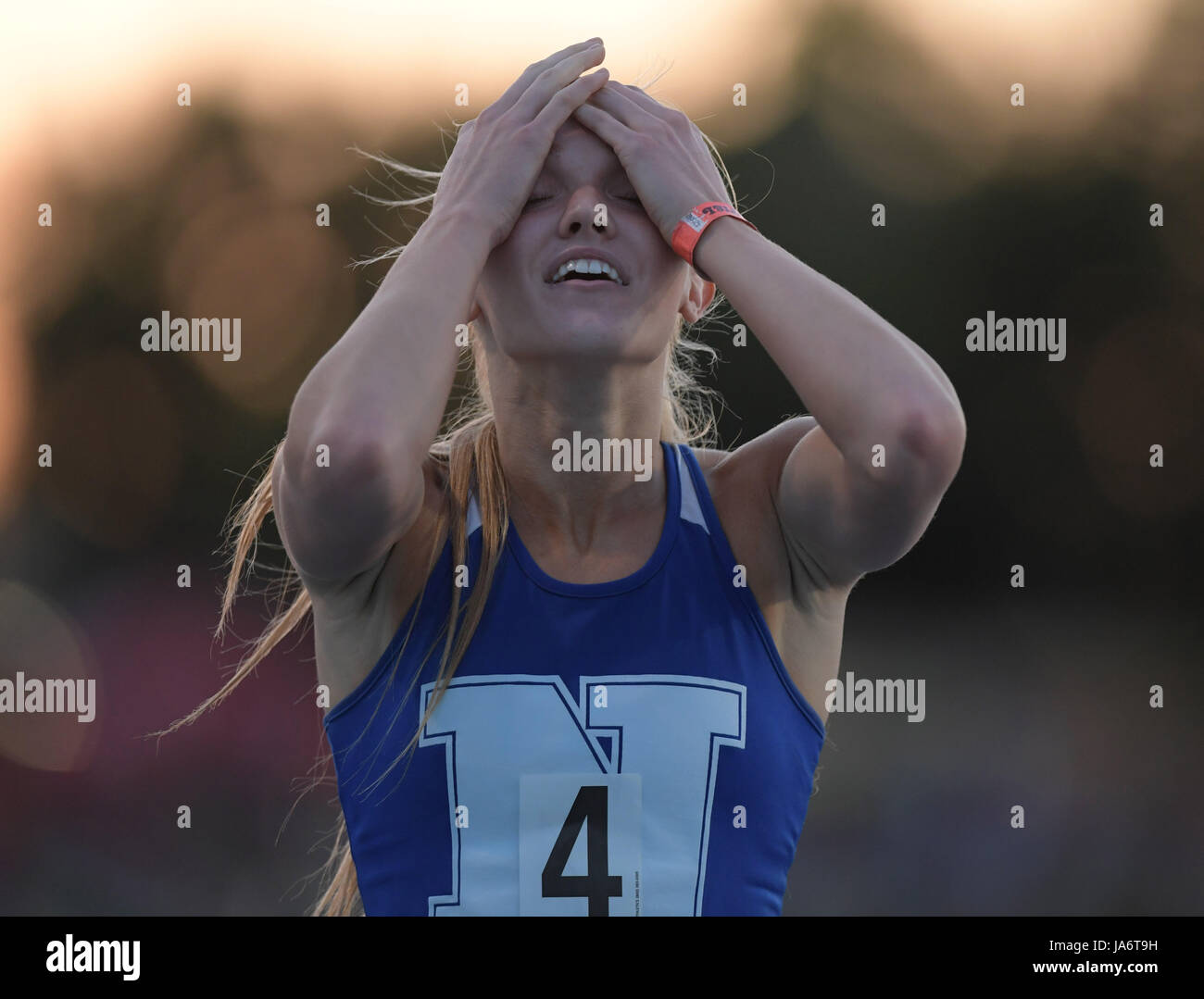 Shae Anderson of Norco celebrates after winning the girls 300m hurdles ...