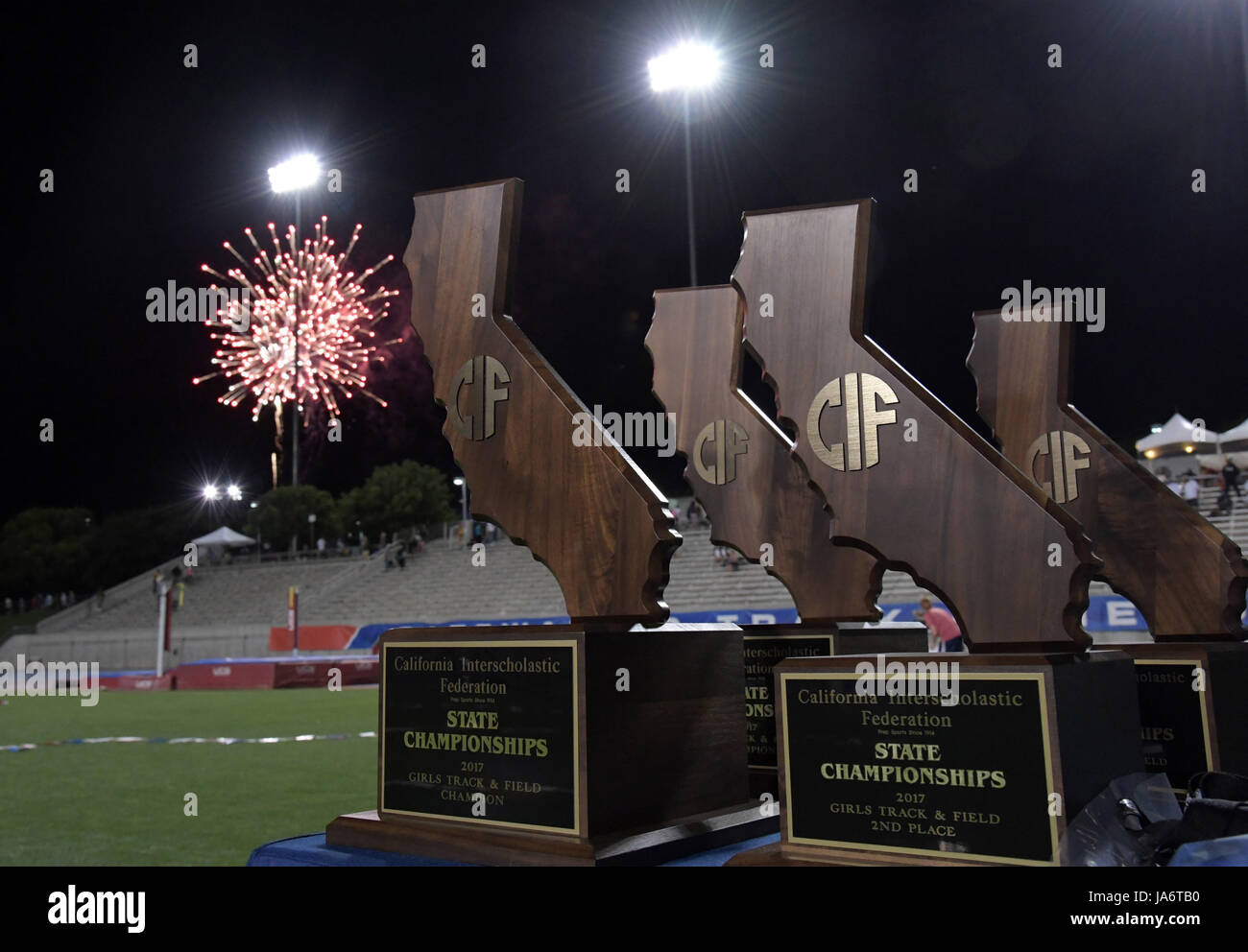 General overall view of the boys and girls team championship trophies ...