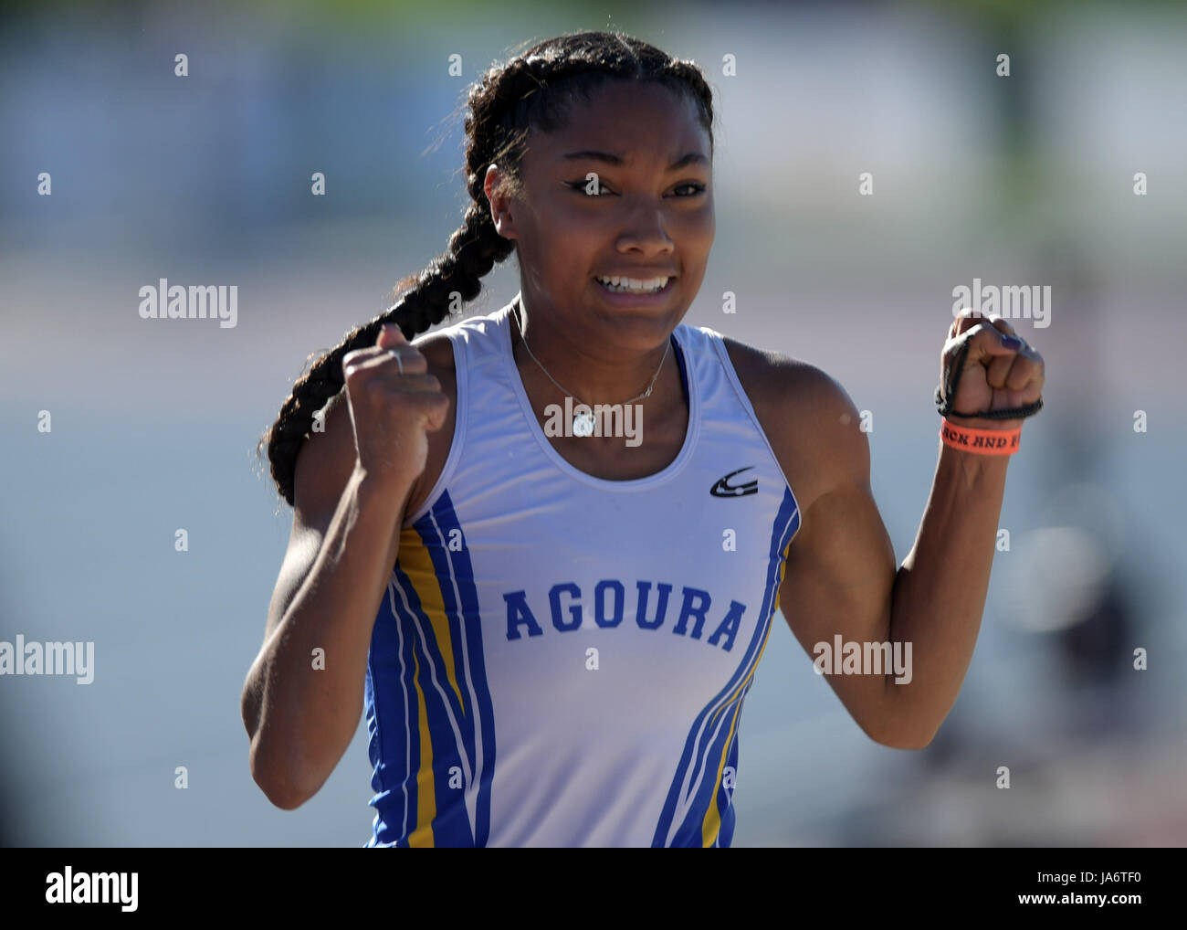Tara Davis of Agoura celebrates after winning the girls long jump in a ...