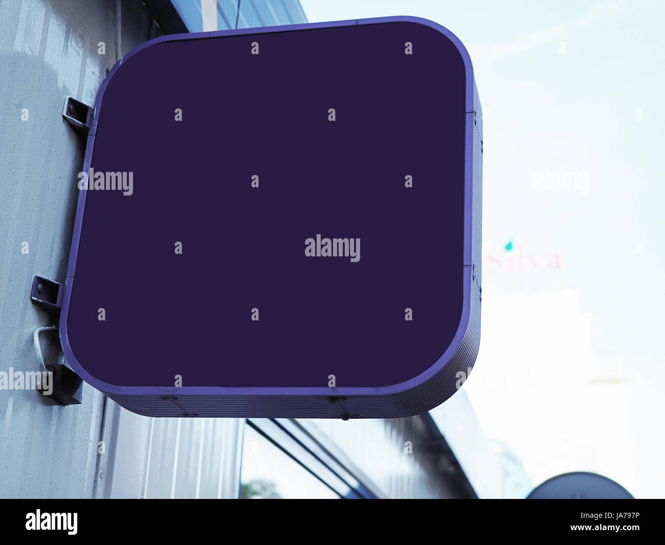 Signboard side view of empty almost black, violet mock up signage in ...
