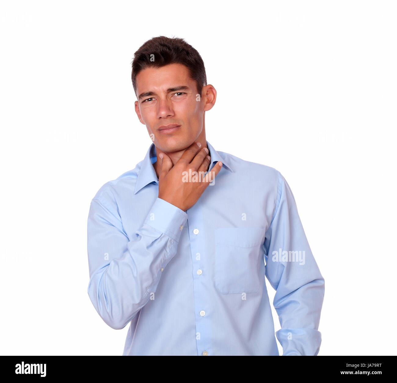 A portrait of a tired hispanic male on blue shirt with throat sick ...