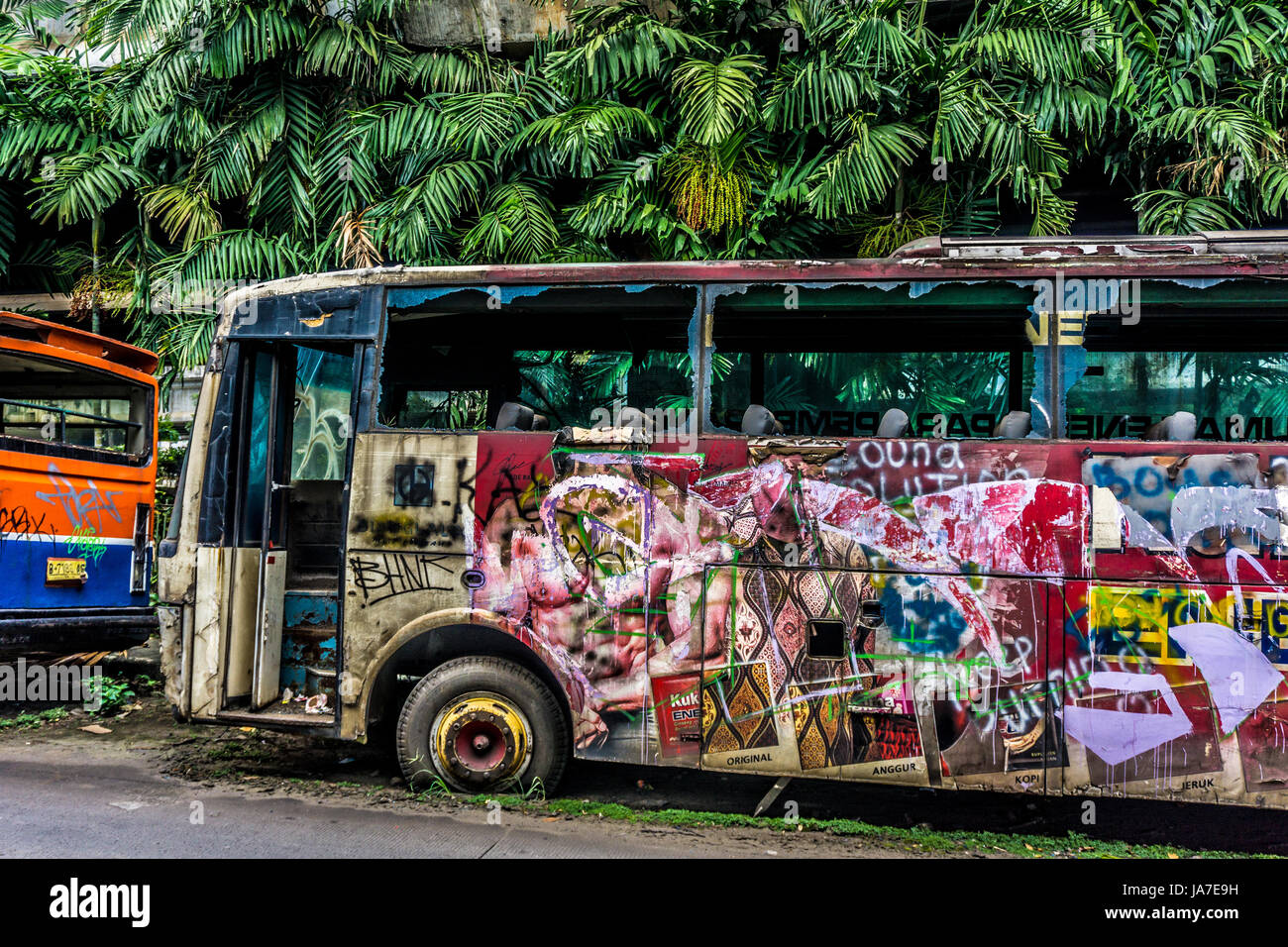Burnt Bus wrackage parked on side the street photo taken in Jakarta ...