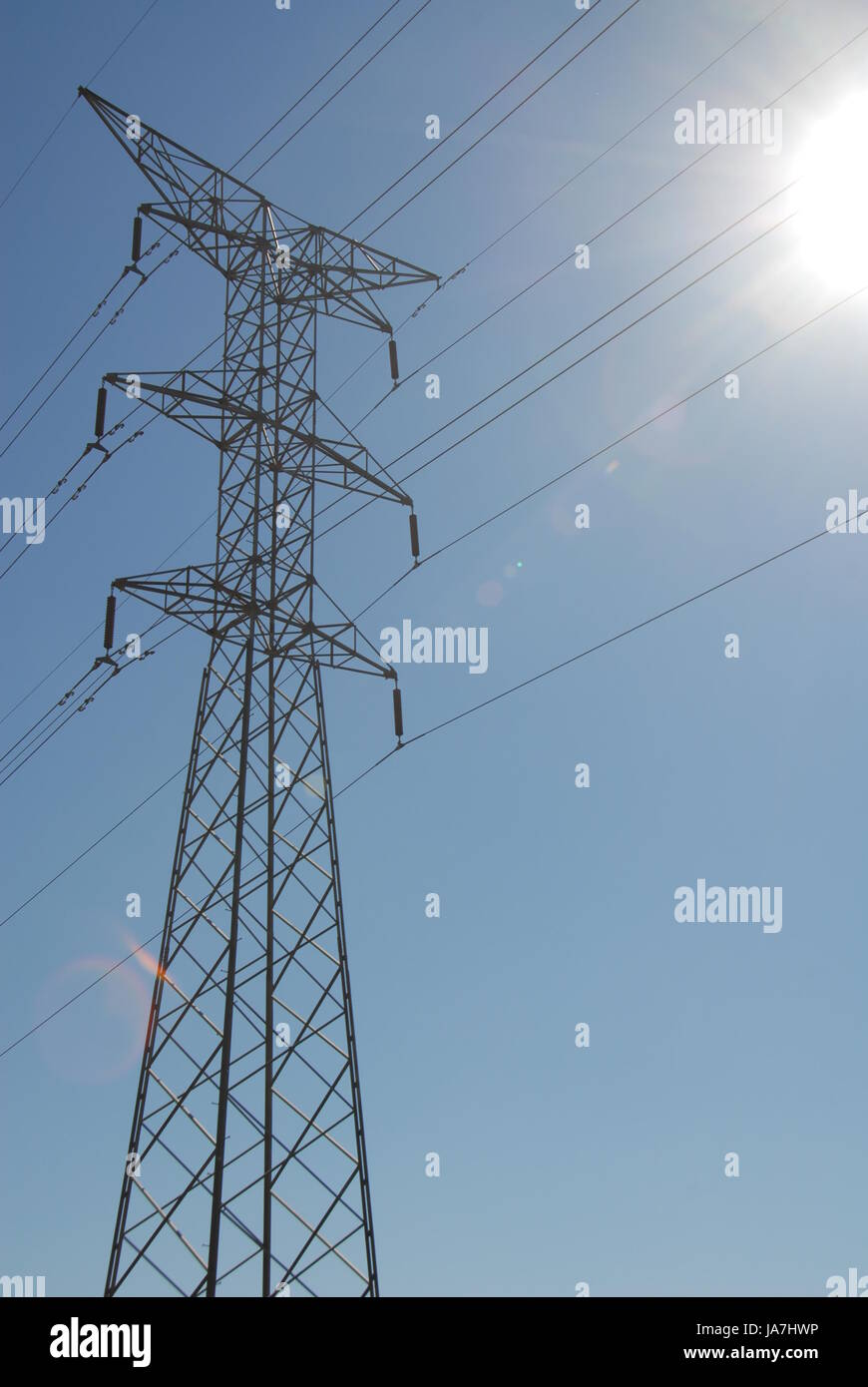 high tension, transmission line, cable, current conduction, blue, spain ...