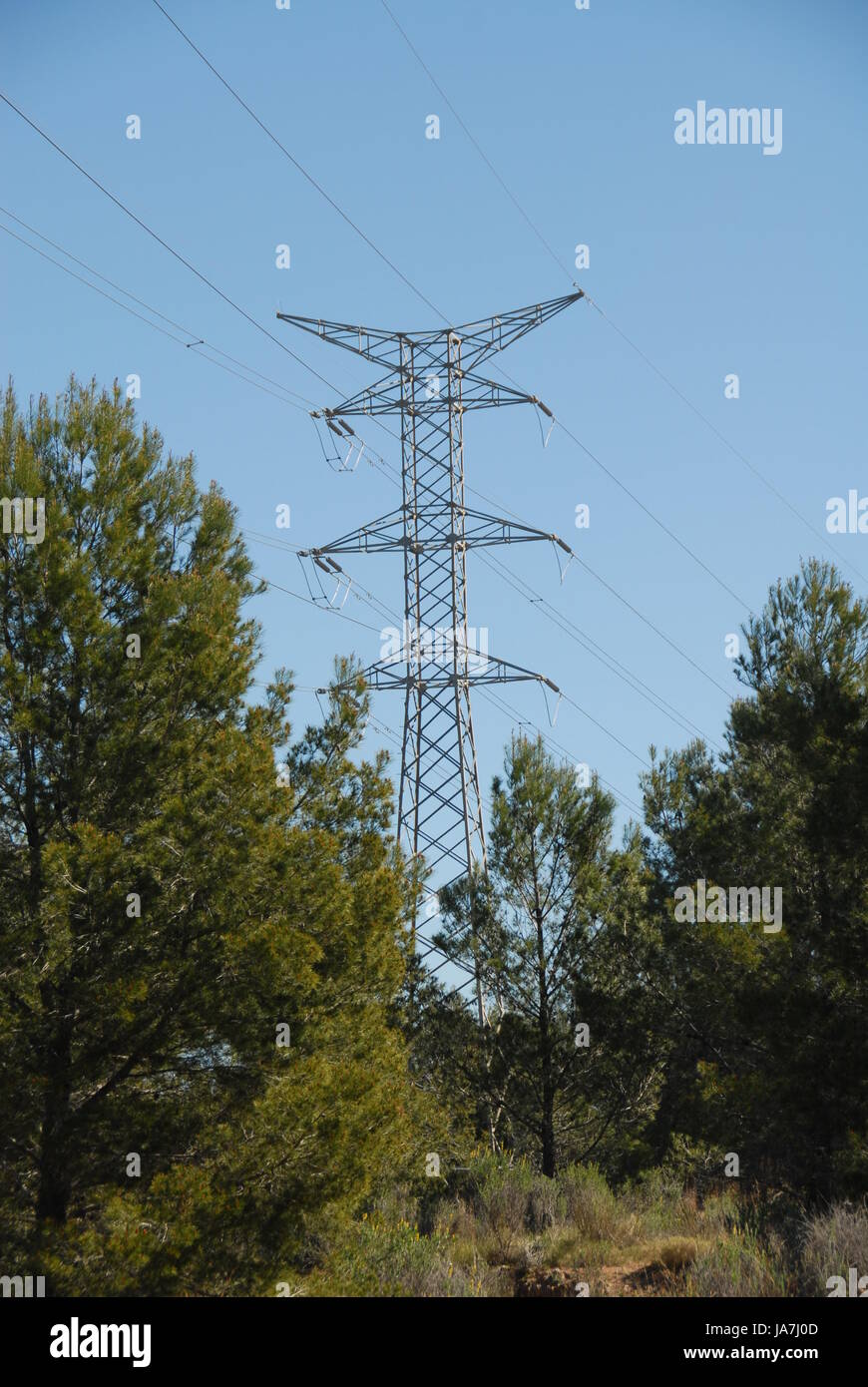 blue, high tension, transmission line, firmament, sky, cable, current ...