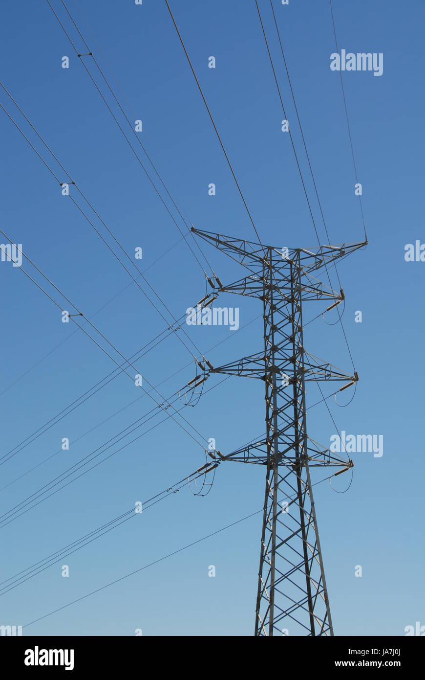 blue, high tension, transmission line, firmament, sky, cable, current ...