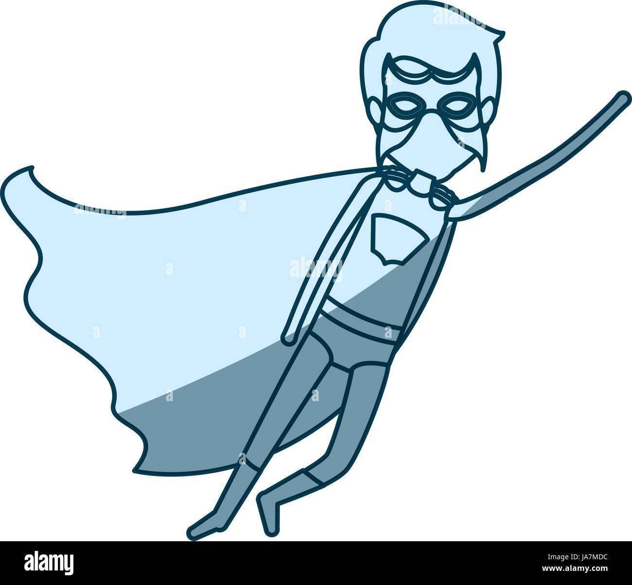 blue shading silhouette of faceless superhero male flying in diagonal ...