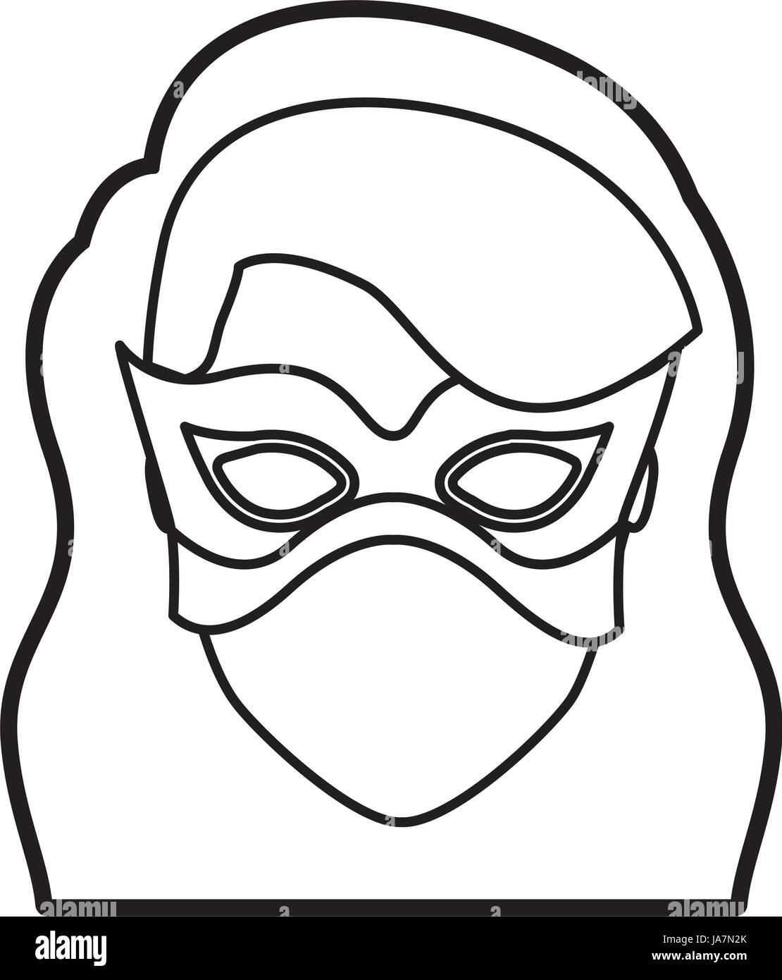 monochrome thick contour head of faceless girl superhero with long wavy ...