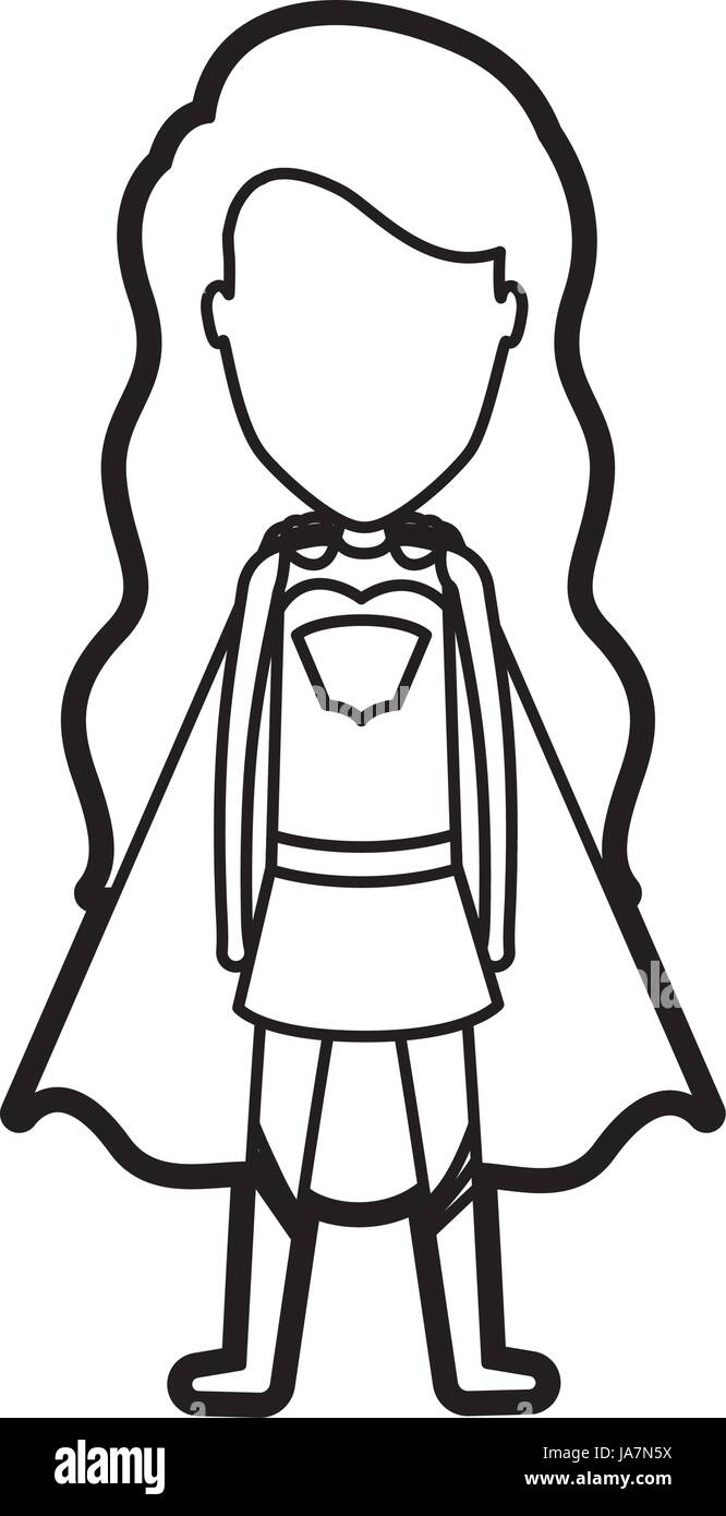 monochrome thick contour of standing faceless girl superhero with long ...